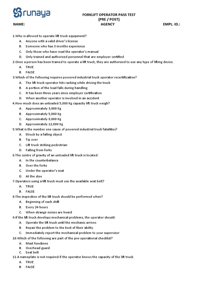 Forklift Operator Pass Test (Pre / Post) Name: Agency Empl. Id. | PDF ...
