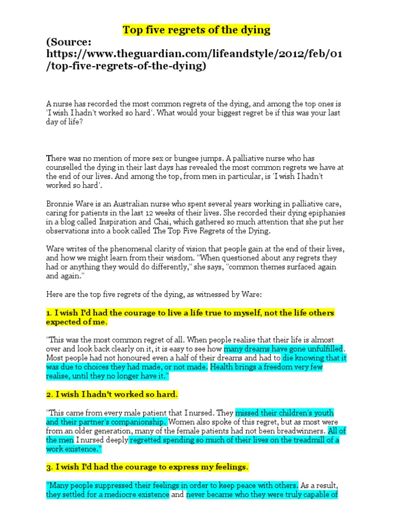 Top Five Regrets of the Dying | PDF