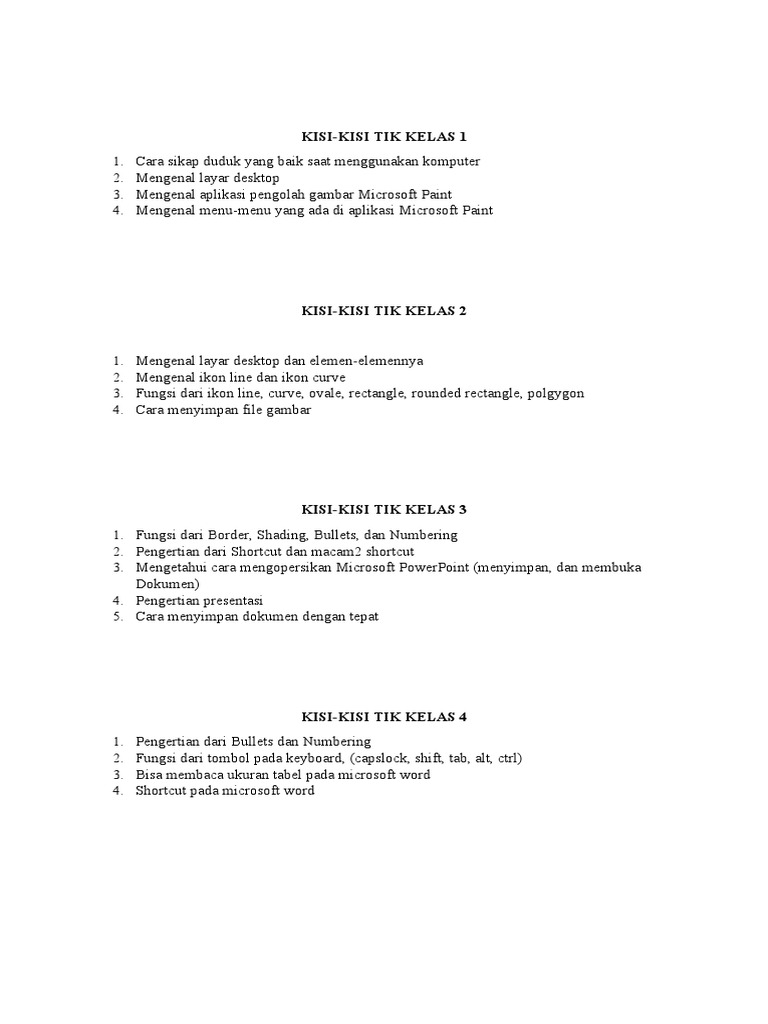 Kisi-Kisi PAS TIK 1-4 Untuk Siswa | PDF