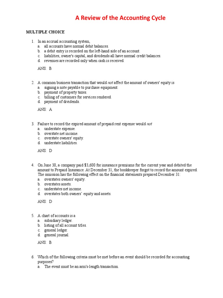 Accounting Cycle Multiple Choice Quiz | PDF | Debits And Credits | Interest