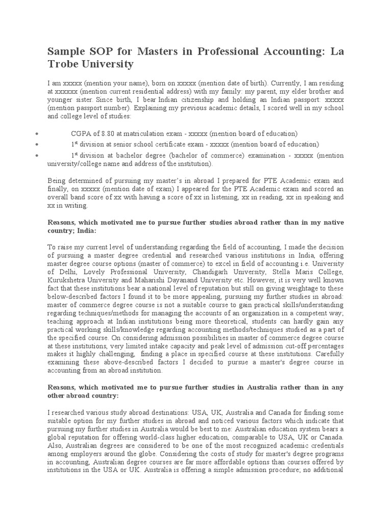 Sample SOP For Masters in Professional Accounting: La Trobe University ...