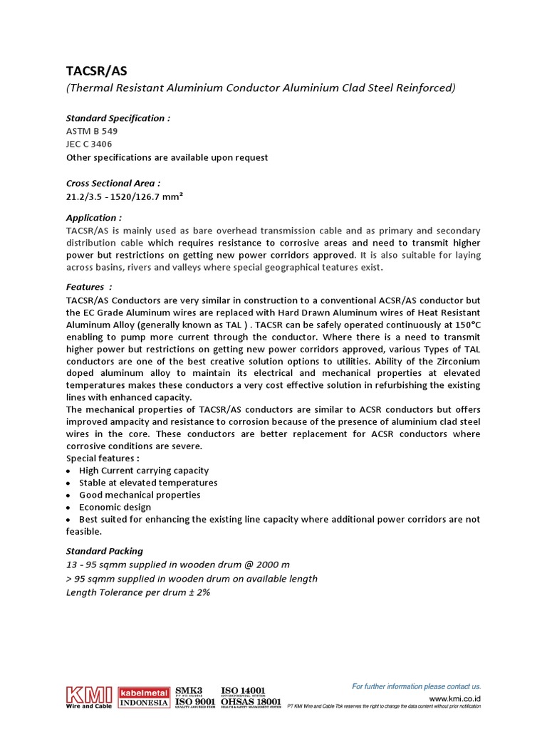 Tacsr/As: (Thermal Resistant Aluminium Conductor Aluminium Clad Steel ...