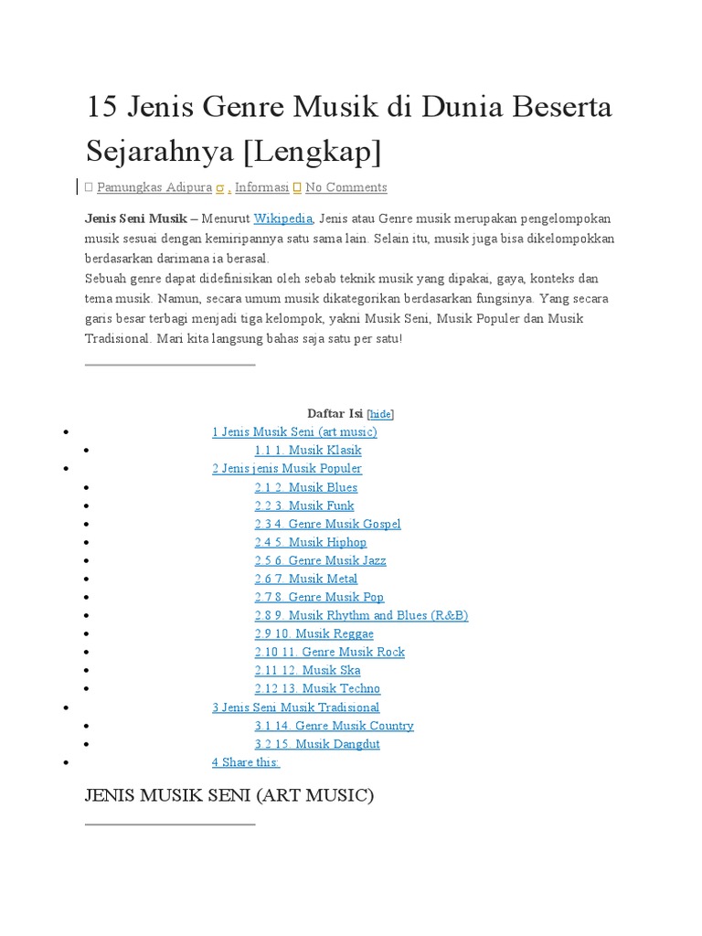 15 Jenis Genre Musik Di Dunia Beserta Sejarahnya | PDF