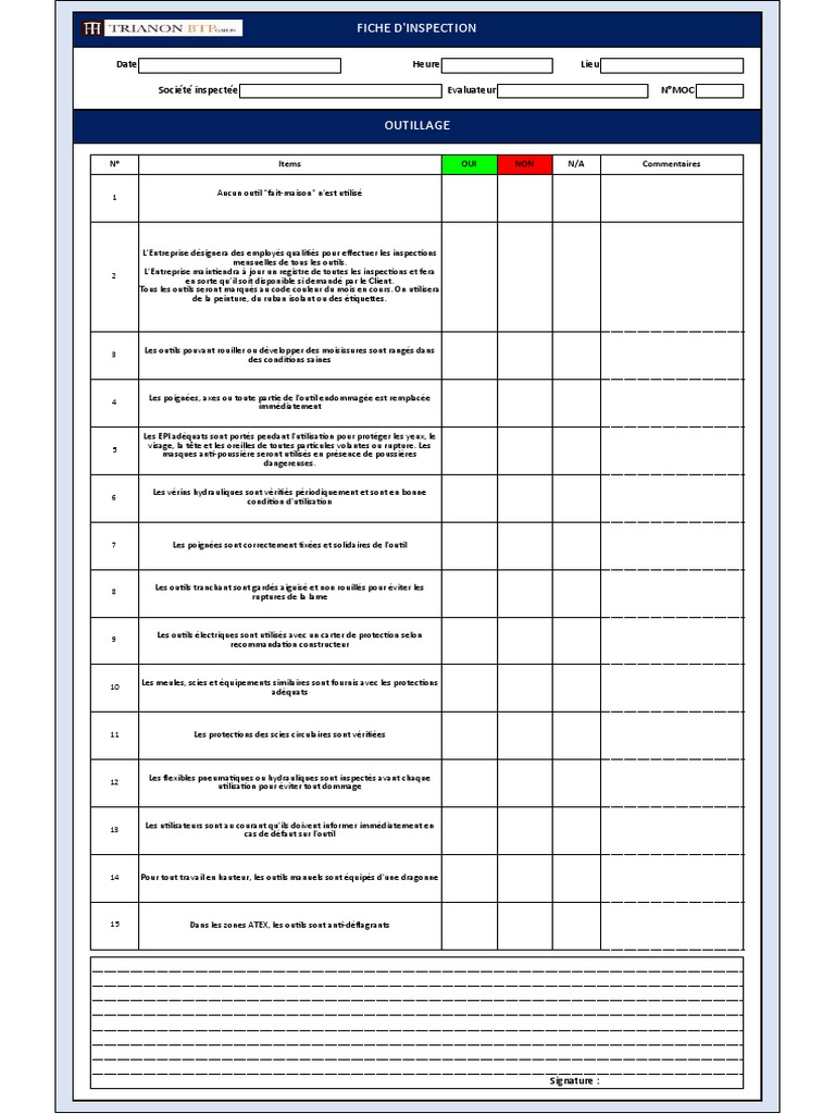 Fiche d'Inspection des Outils et Équipements | PDF | Vis de fixation ...