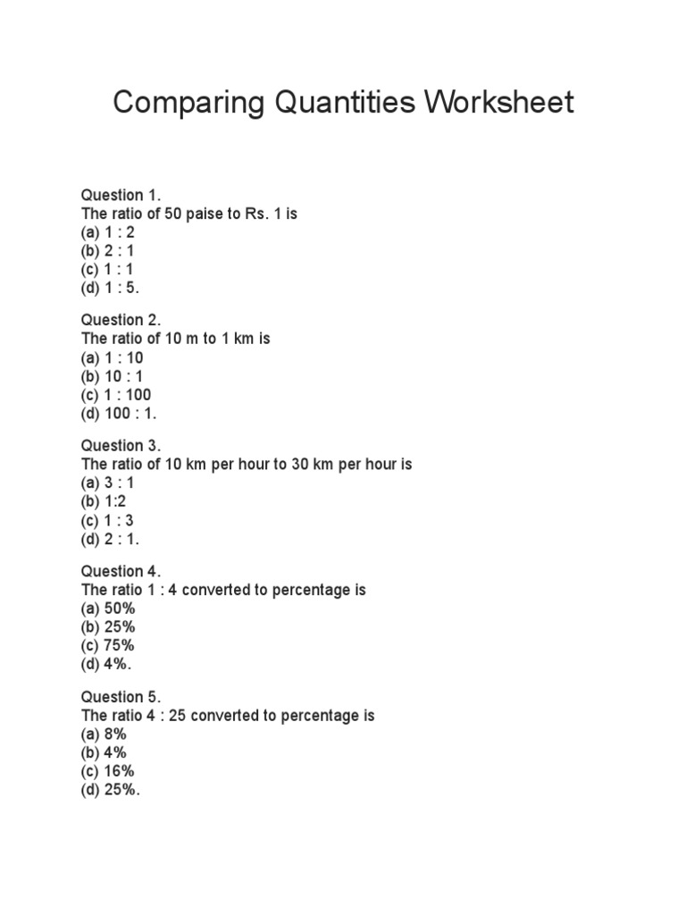Comparing Quantities Worksheet Class 8 | PDF | Ratio | Percentage