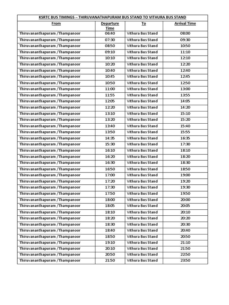 KSRTC Bus Timings - Thiruvanathapuram Bus Stand To Vithura Bus Stand ...