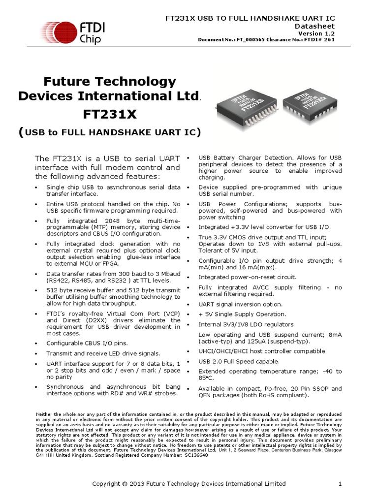 Future Technology Devices International LTD FT231X: Usb To Full ...