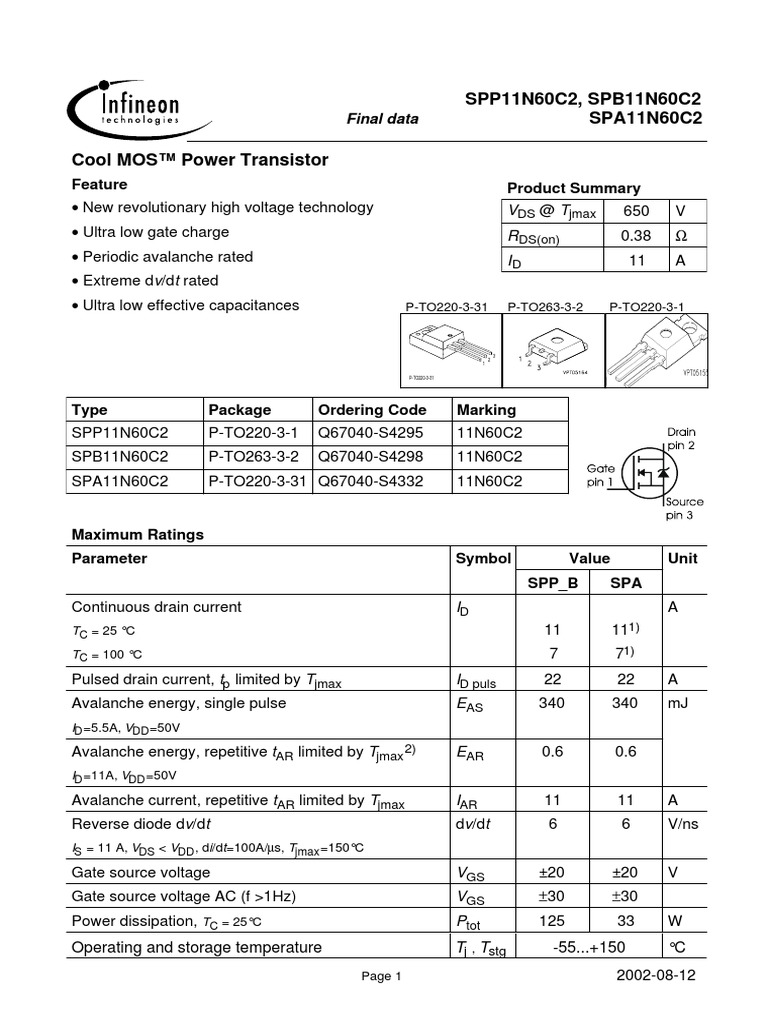 11N60C2 Infineon | PDF | Field Effect Transistor | Diode