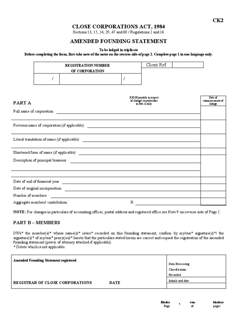 CK2 Close Corporations Act, 1984 Amended Founding Statement: Part A ...