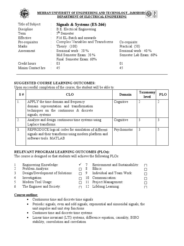 Signals & Systems Course Contents of El | PDF | Applied Mathematics | Electrical Engineering