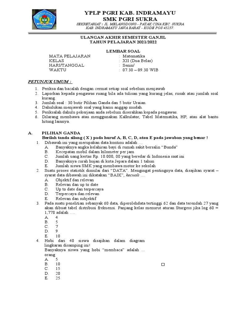 Soal UAS Matematika Kelas XII | PDF | Metode & Bahan Ajar
