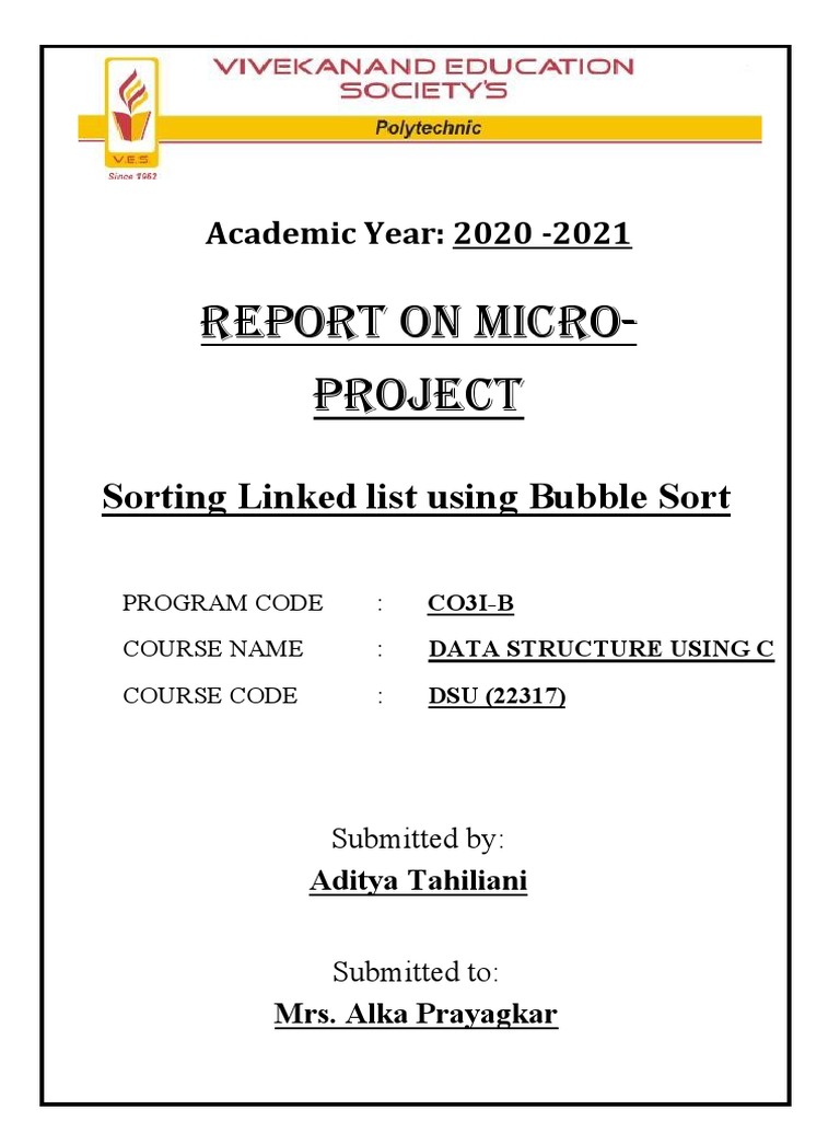Report On Micro-Project: Sorting Linked List Using Bubble Sort | PDF ...
