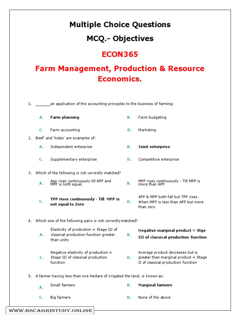 ECON365 Farm Management, Production & Resource Economics.: Multiple Choice Questions MCQ ...