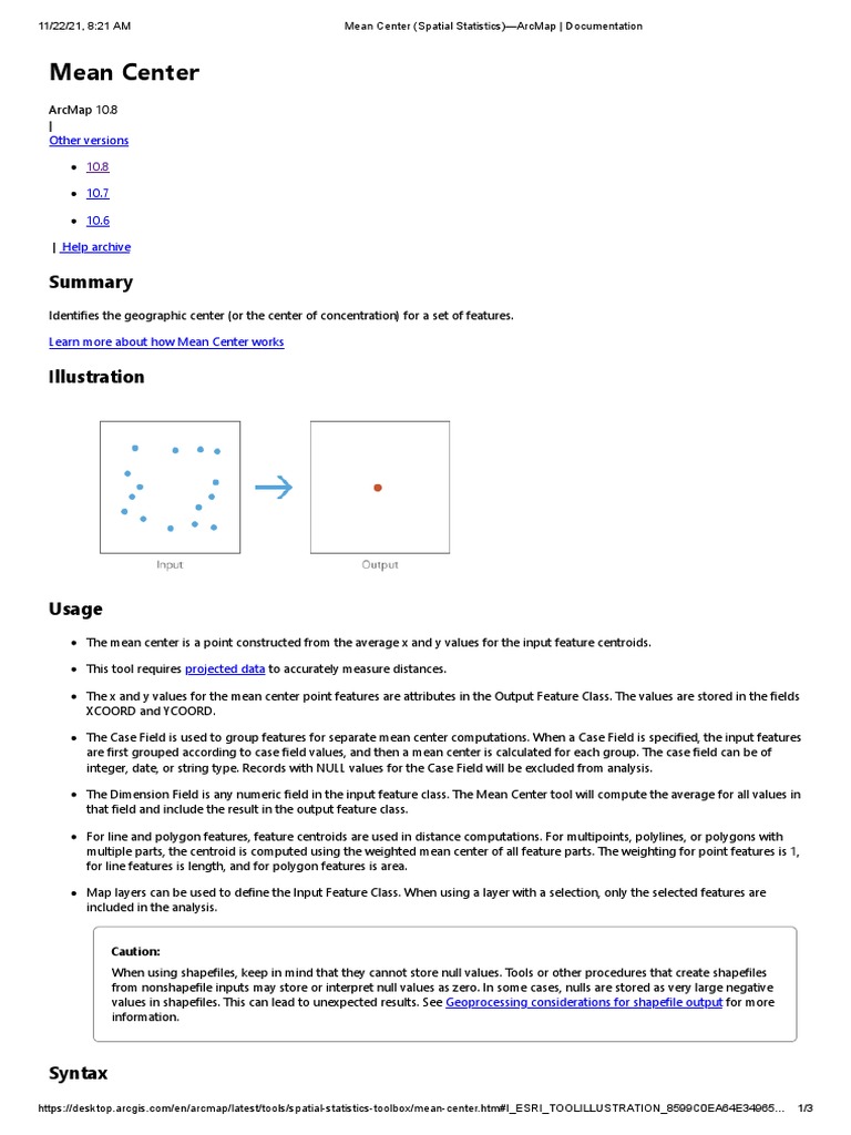 Mean Center (Spatial Statistics) - ArcMap - Documentation | PDF | Mean | Spatial Analysis