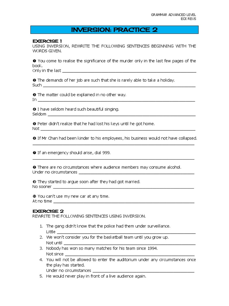 Inversion: Practice 2: Grammar Advanced Level Eoi Reus | PDF