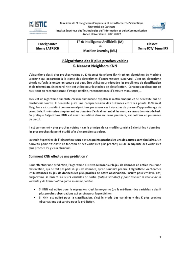 TP 6 Algorithme KNN | PDF | Apprentissage automatique | Mathématiques appliqués