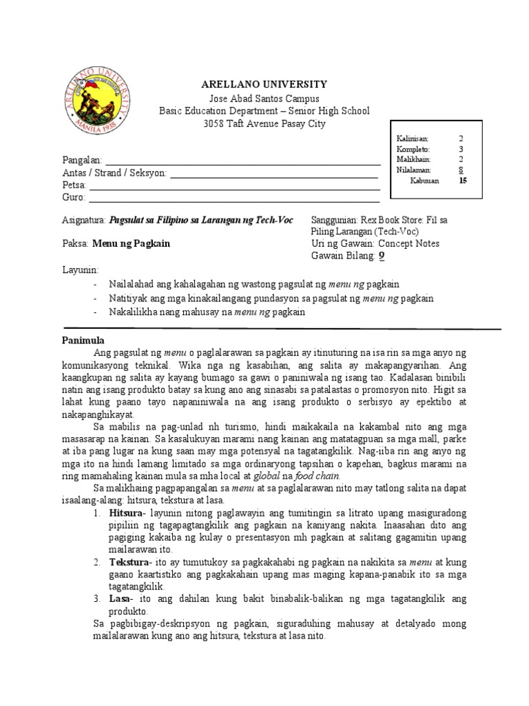 Tech Voc - Menu | PDF