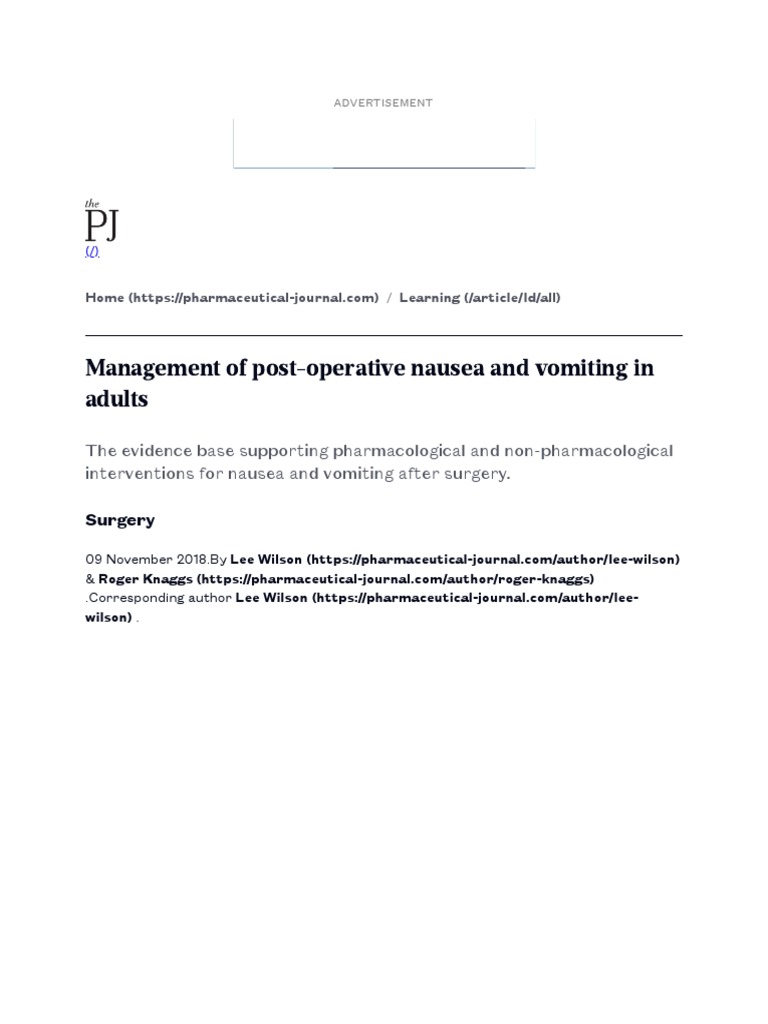 Management Of Post Operative Nausea And Vomiting In Adults The