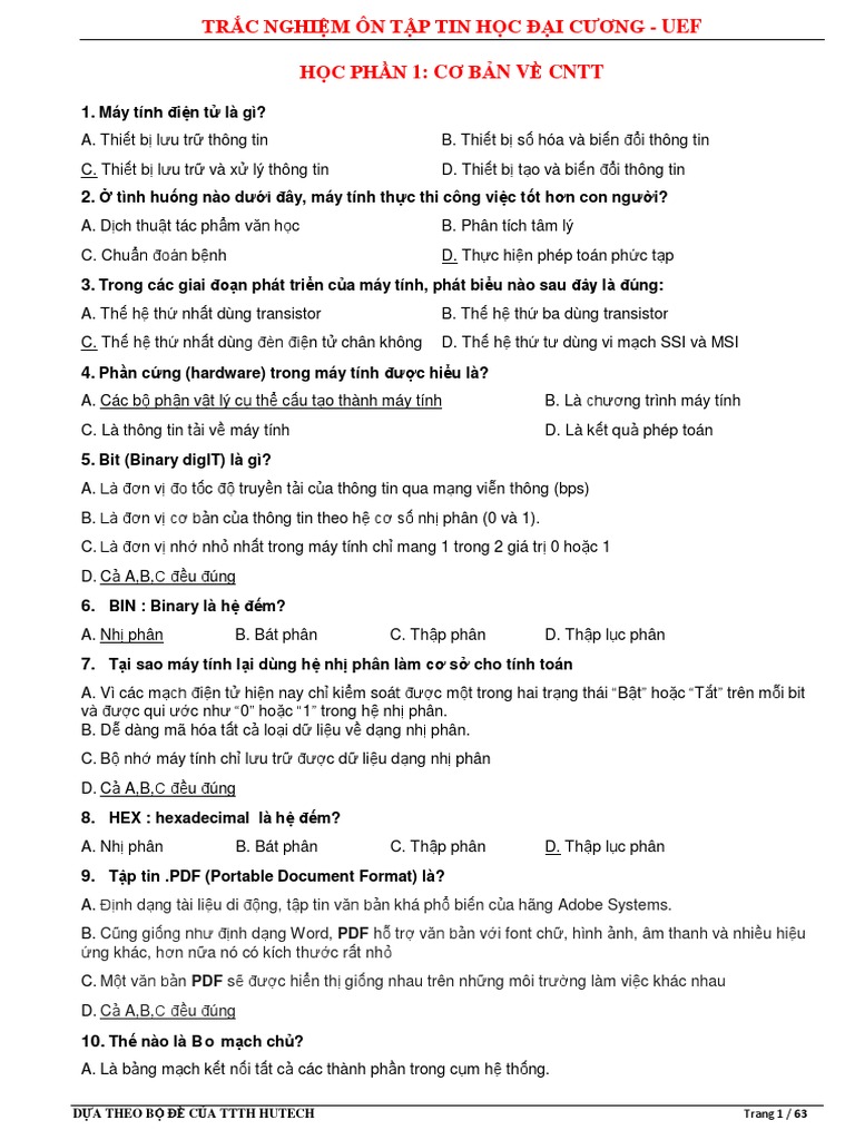 Trac Nghiem THDC-UEF | PDF