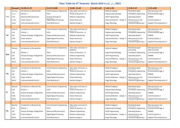 Time Table 6th Sem | PDF | Engineering | Biomedical Engineering