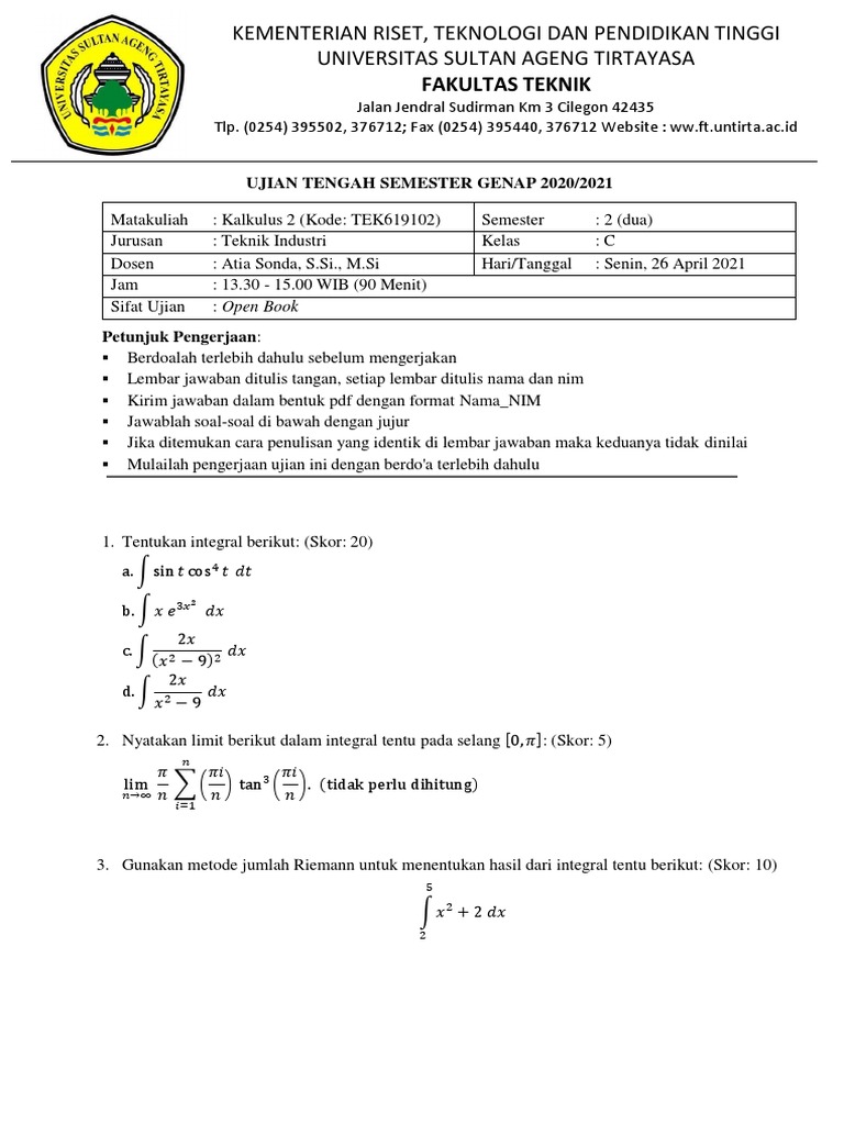 UTS Kalkulus 2 Teknik | PDF