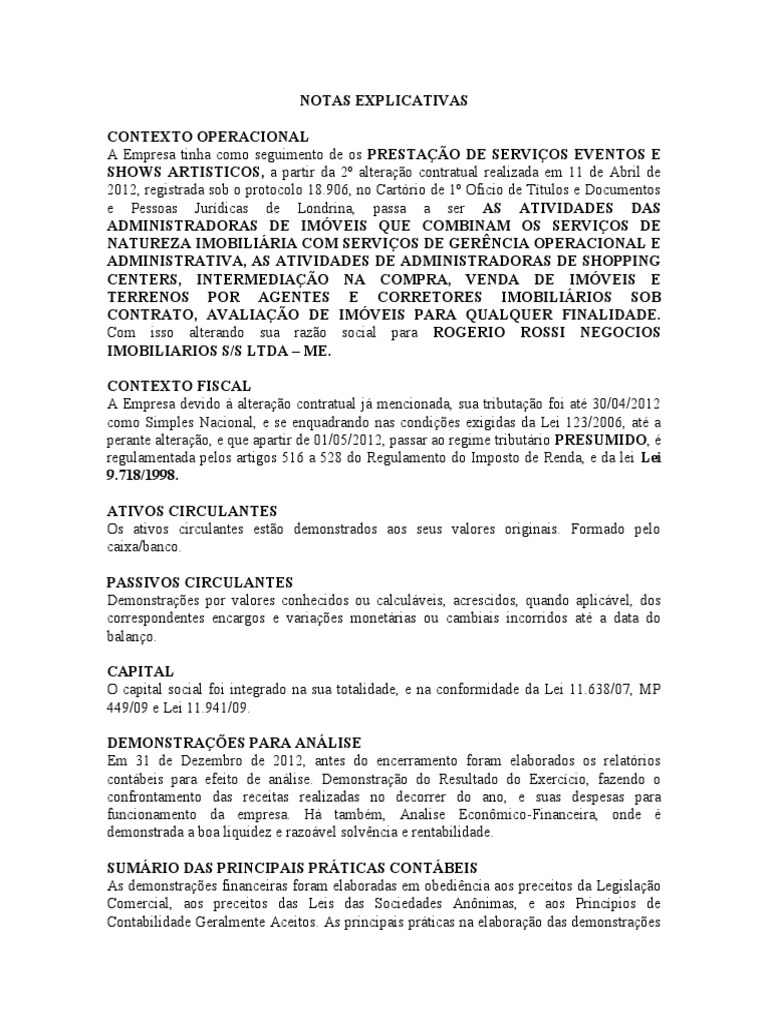 Notas Explicativas - Modelo 2 - NTR Somar | PDF | Contabilidade | Economias