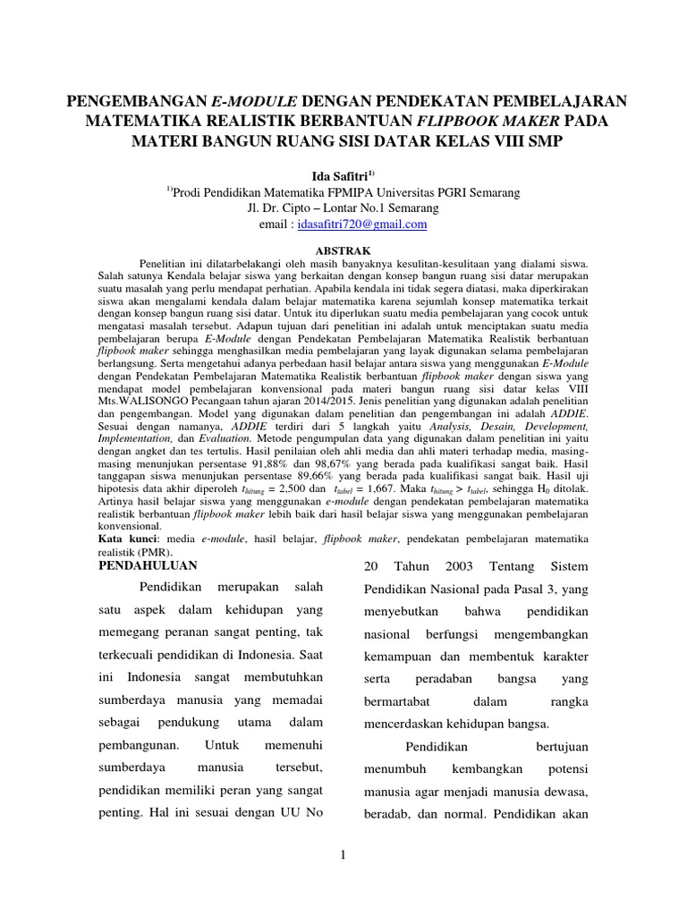 Pengembangan E-Module Dengan Pendekatan Pembelajaran Matematika Realistik Berbantuan Flipbook ...