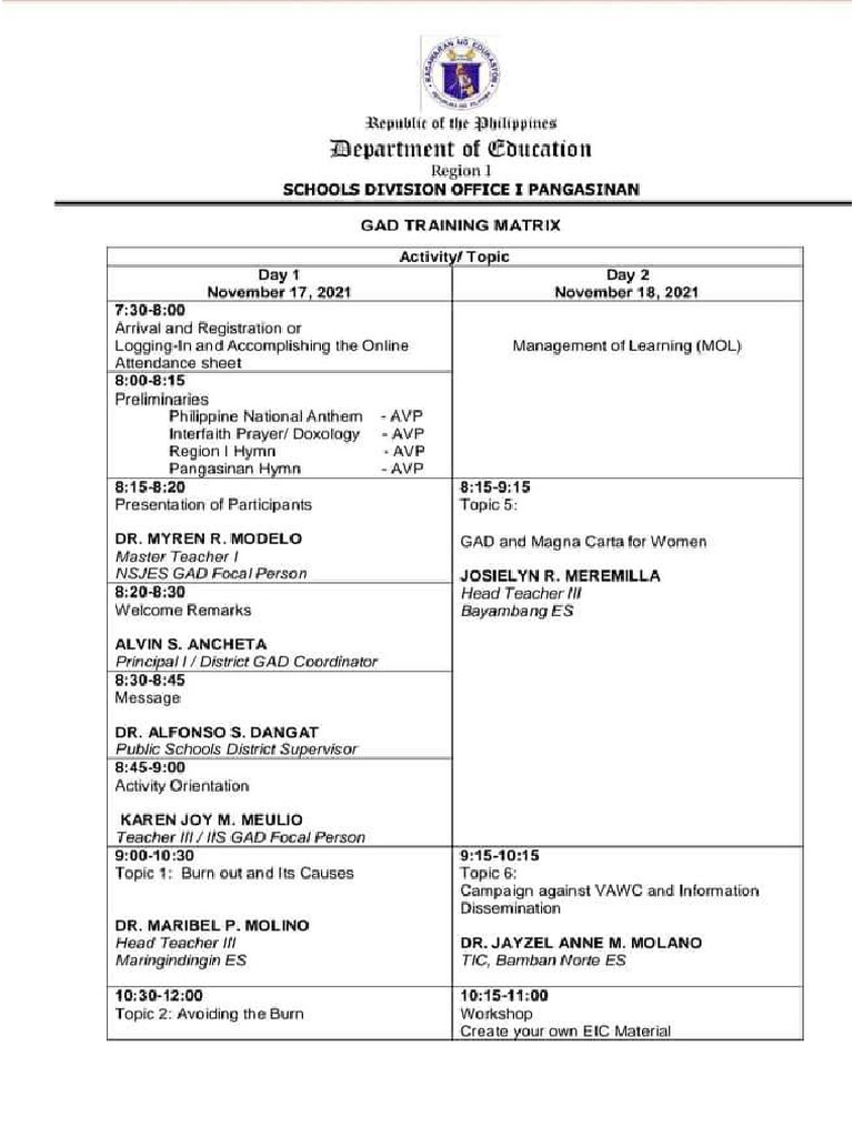 District Gad Training Matrix | PDF