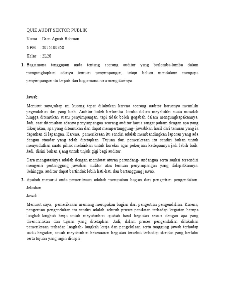 Quiz Audit Sektor Publik | PDF | Pengelolaan Keuangan & Uang