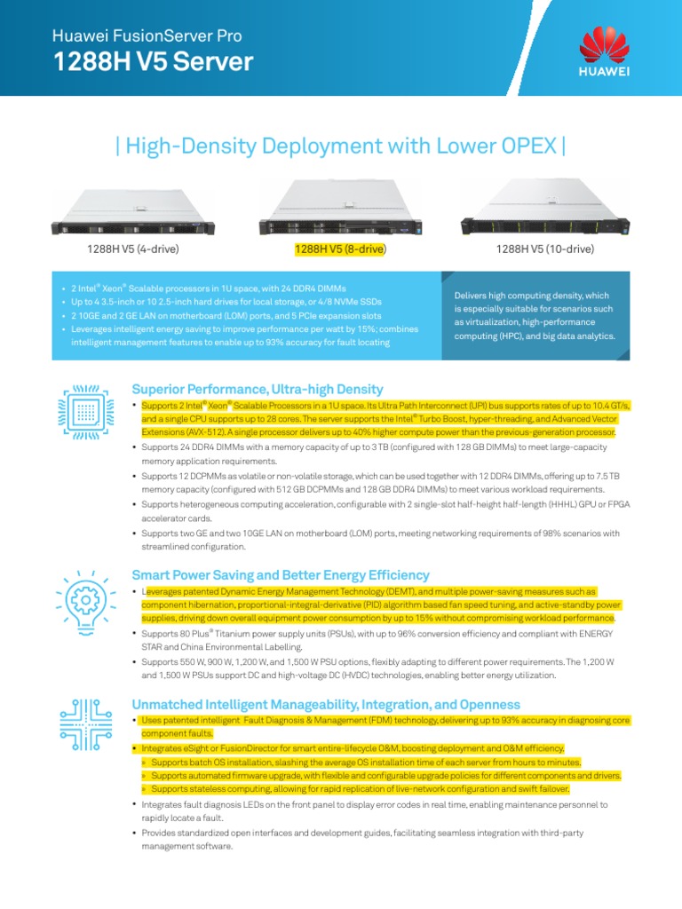 Huawei FusionServer Pro 1288H V5 Rack Server Data Sheet | PDF | Solid State Drive | Central ...