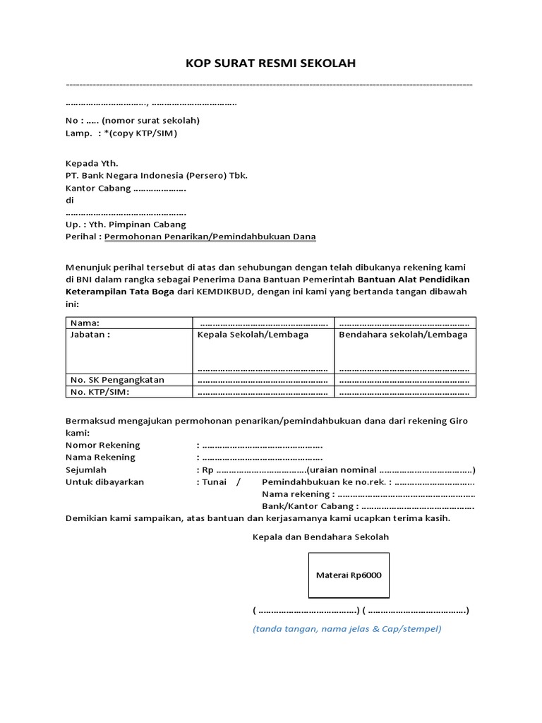 Contoh Surat Penarikan-Pemindahbukuan Dana Tanpa Cek-Bilyet Giro | PDF