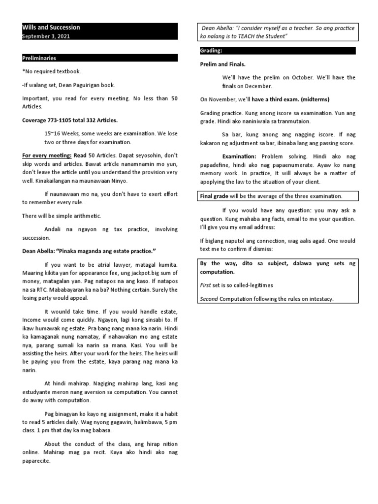 Wills and Succession Notes | PDF | Will And Testament | Intestacy