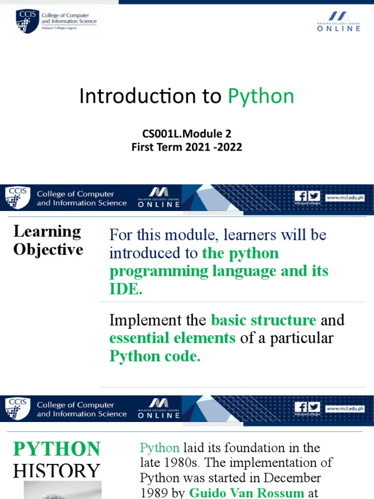 Cs001l M2 Introduction To Python Pdf Python Programming Language Parameter Computer 