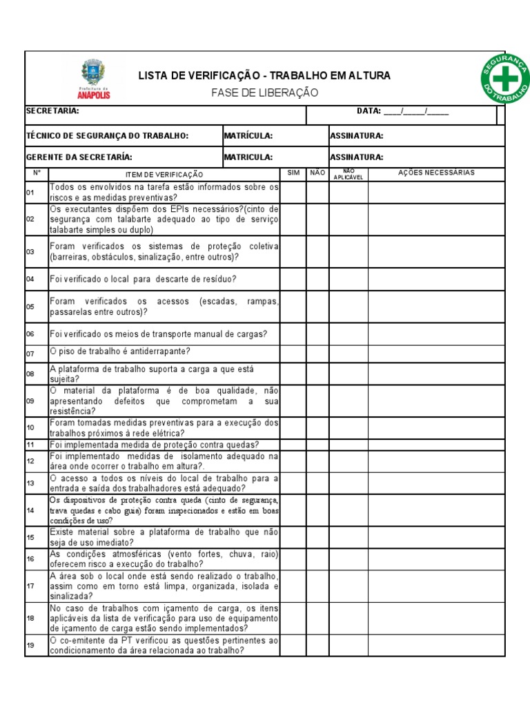 Check List de Trabalho em Altura | PDF