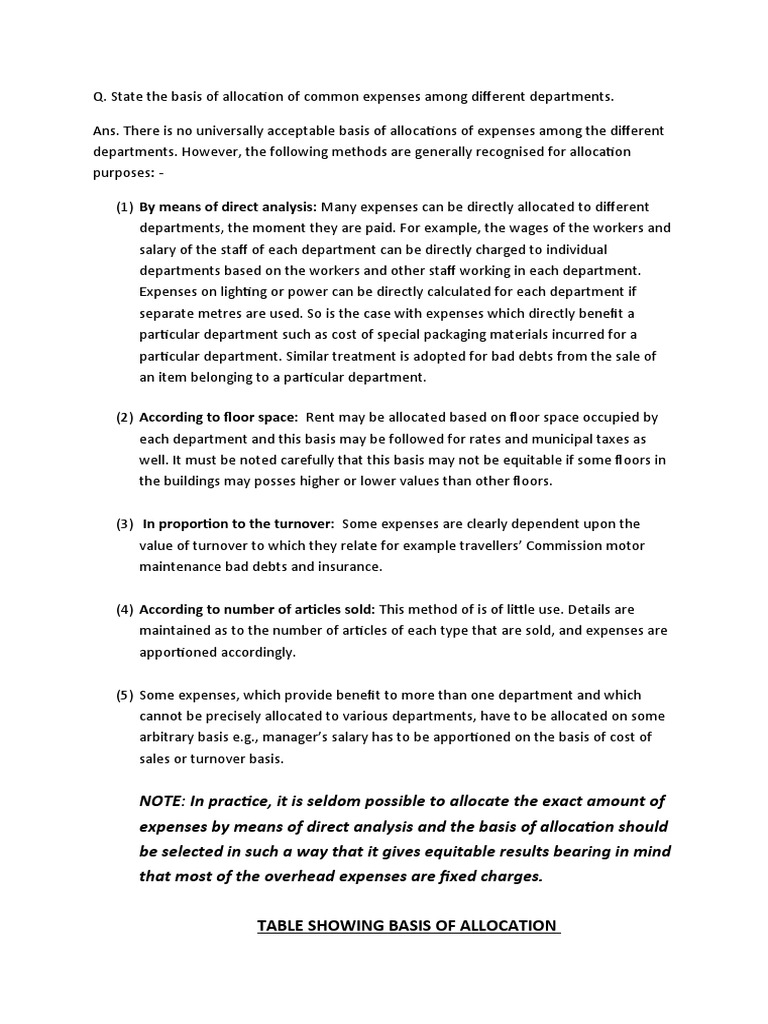Table Showing Basis of Allocation | PDF | Expense | Salary