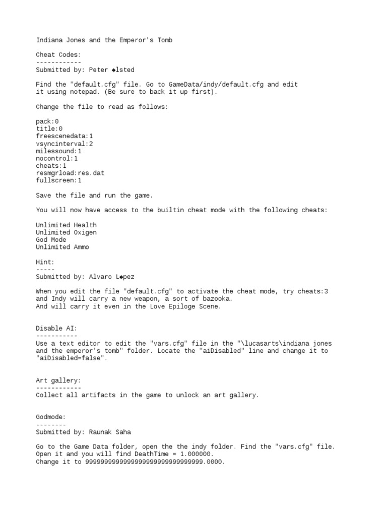 Cheat Indiana Jones and The Emperor Tomb | PDF | Cheating In Video ...