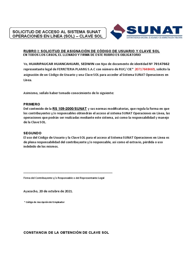 Solicitud y Entrega de Clave SOL SUNAT | PDF