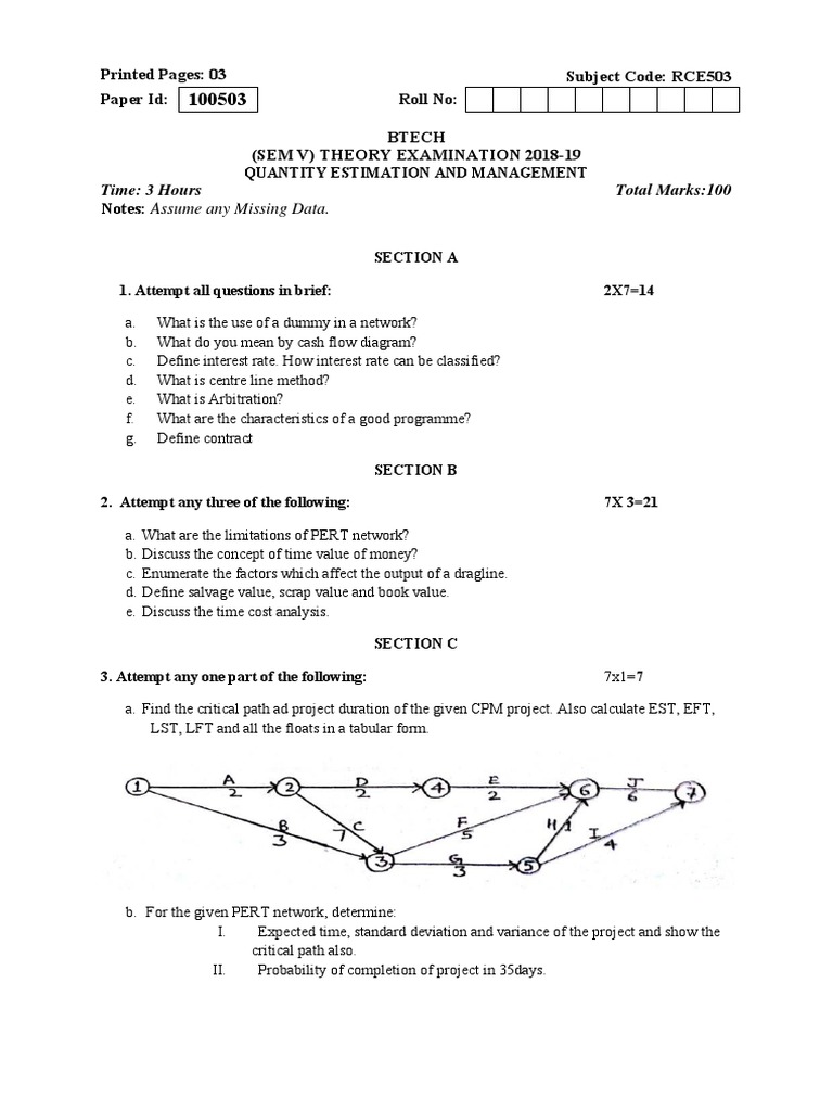 BTECH Quantity Estimation and Management Exam Questions | PDF