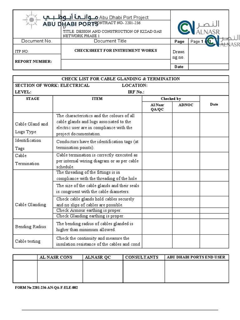 Check List For Cable Glanding & Termination | PDF | Electrical Wiring | Electric Power