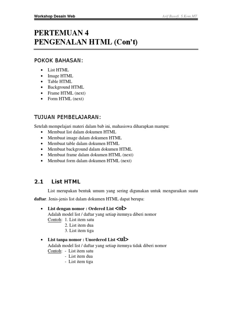 TM04 Pengenalan HTML (List Image Table Frame) | PDF