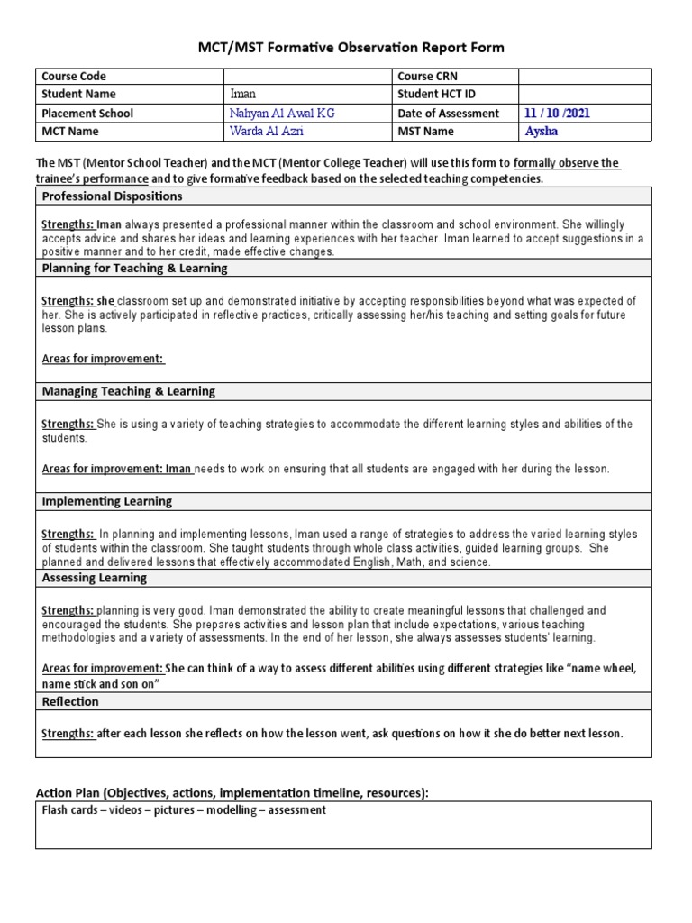 Iman 2 Formative Report Form - 2021-2022 | PDF | Lesson Plan | Teachers