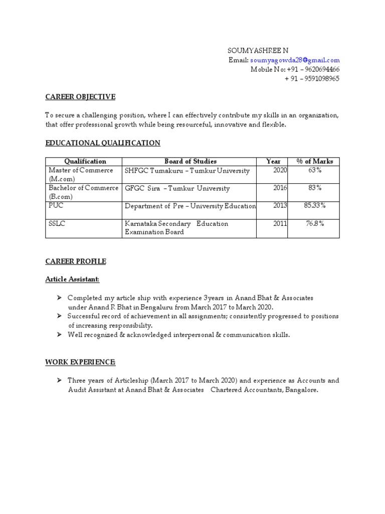 Soumyashree N Resume | PDF | Audit | Accounting