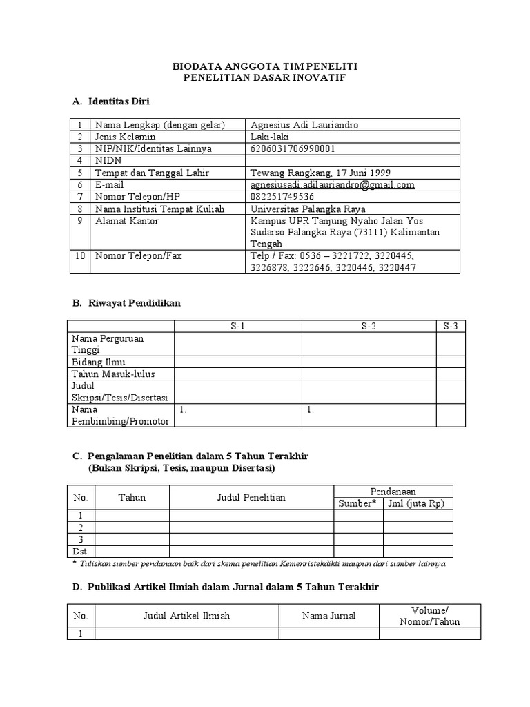 FORMAT-BIODATA ANGGOTA-TIM-PENELITI 2021 Fedus - Hal TTD | PDF
