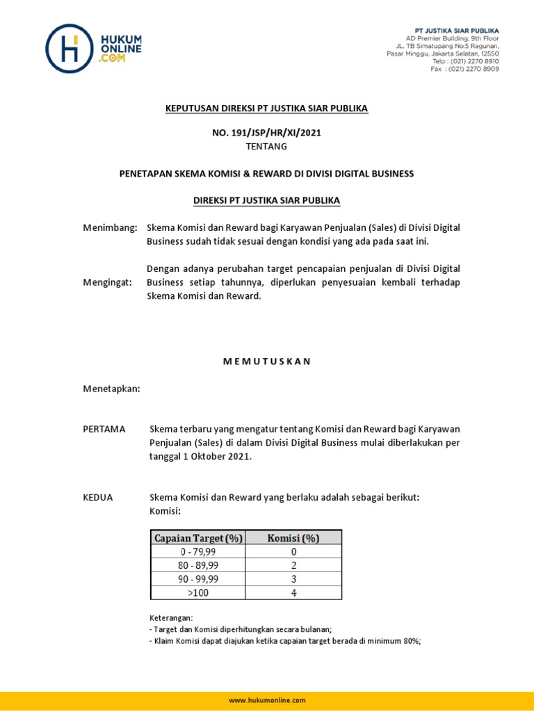 SK Direksi Terkait Komisi & Reward | PDF | Pengelolaan Keuangan & Uang