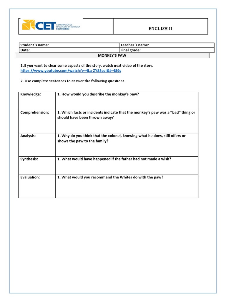 Monkey's Paw Worksheet and Questions | PDF