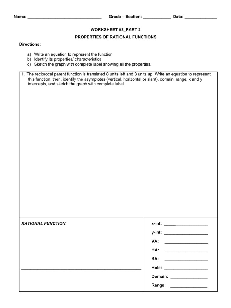 Properties of Rational Functions Worksheet | PDF | Asymptote | Function ...