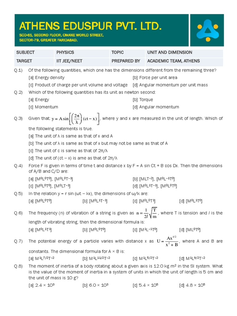 Physics Unit and Dimension Practice Questions | PDF | Mechanical Engineering | Motion (Physics)