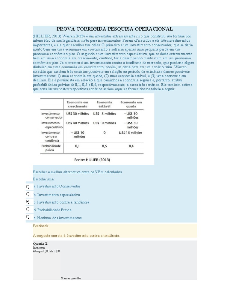 Prova Corrigida Pesquisa Operacional | Download grátis PDF | Economia | Cadeia de Markov
