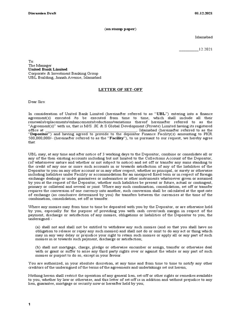 Letter of Set Off | PDF | Guarantee | Justice
