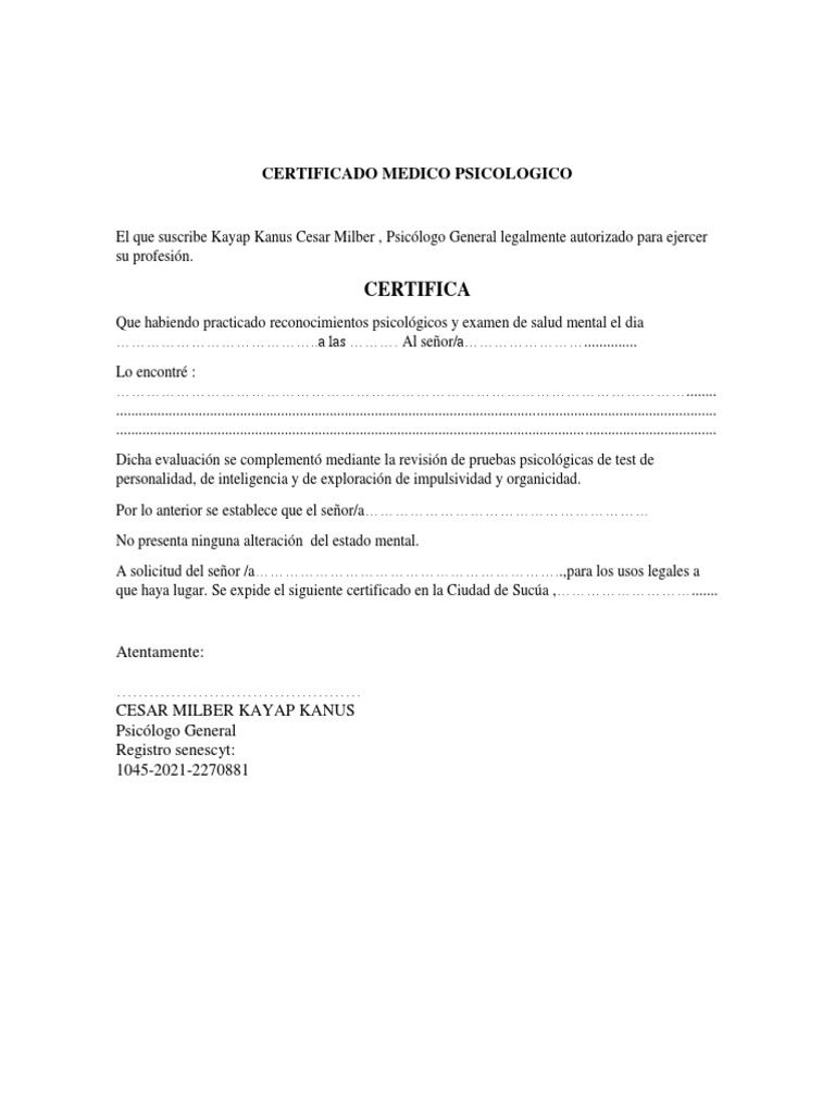 Certificado Medico Psicologico | PDF